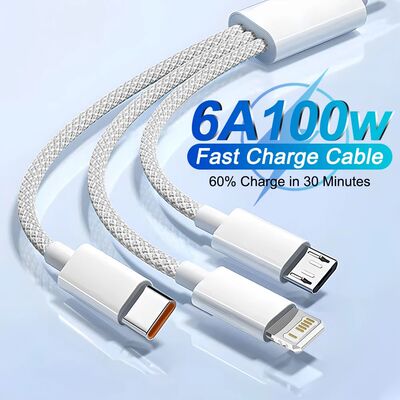 3In1 100W 6A Quick Charging Cable For iPhone Redmi POCO Oneplus OPPO Realme Micro USB Type-C Phone C