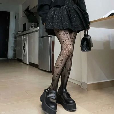 Gothic Lolita Girls Cross Print Club Tights Cosplay Mesh Sum