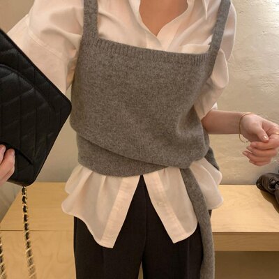 韩国chic冬日 绑带吊带背心毛衣