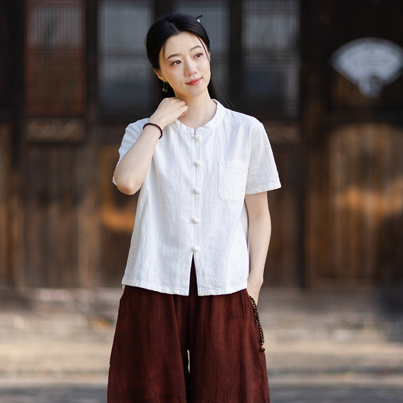短袖太极服女夏上衣 棉麻小立领手工盘扣太极拳练功服武术服T恤