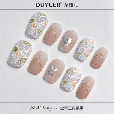 CD54夏日油画立体手绘夏日清新油画花朵美甲纯手工穿戴美甲贴片
