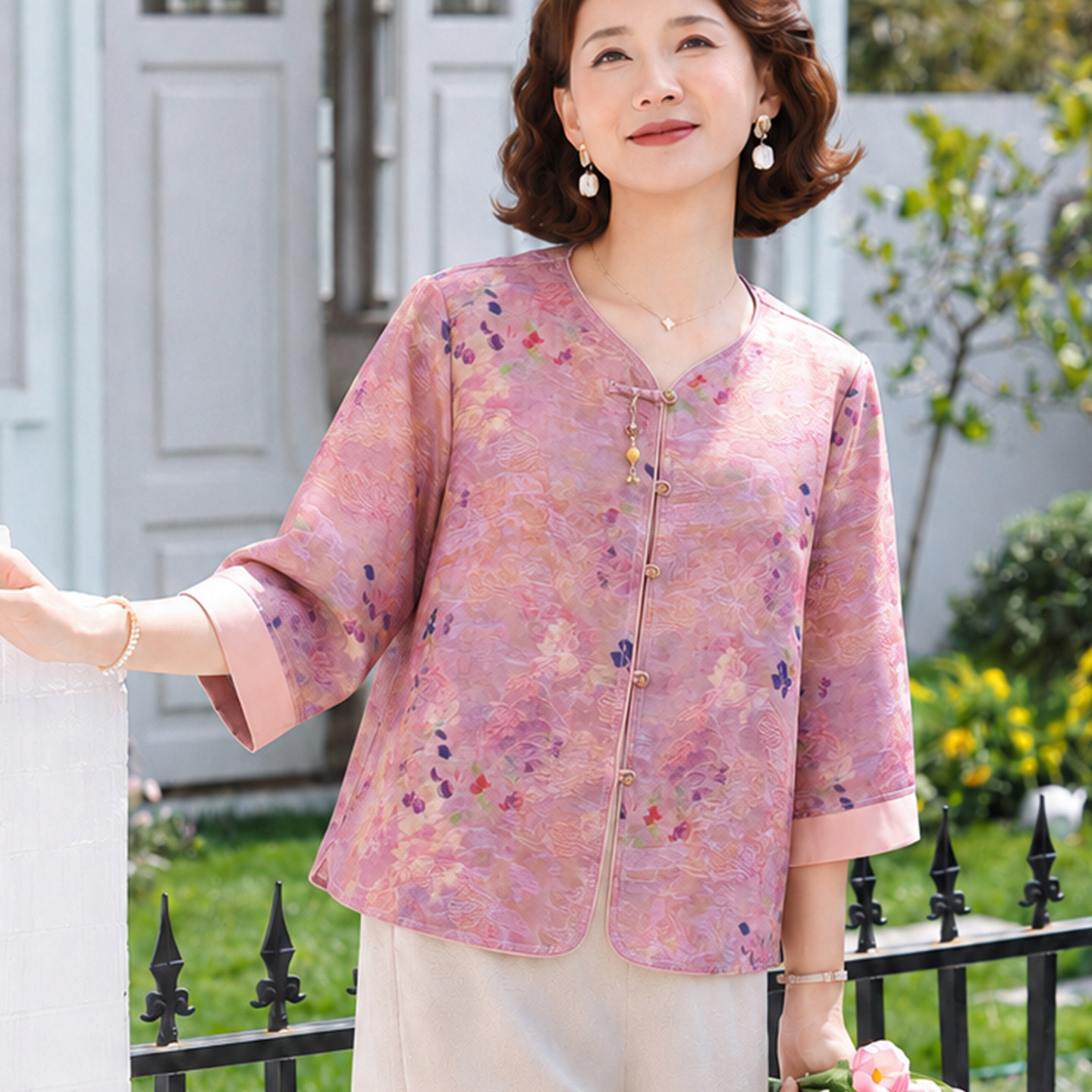 中年妈妈夏装2026新款新中式国风衬衫上衣裤子套装夏季小衫两件套