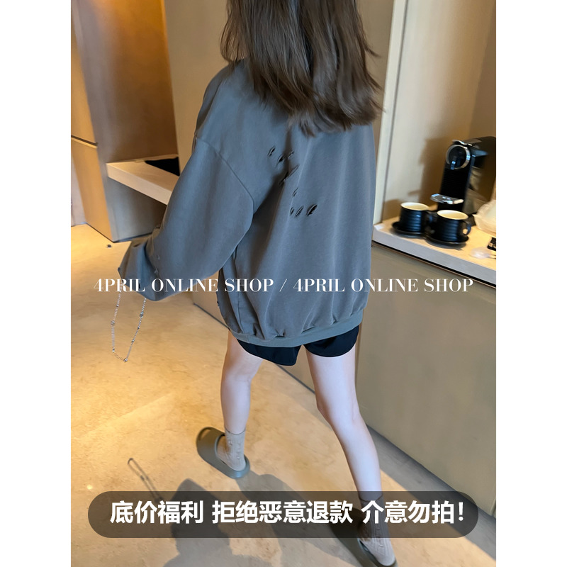 4PRIL 430g水洗破洞卫衣可以穿无数春秋宽松韩版百搭套头上衣女_虎窝淘