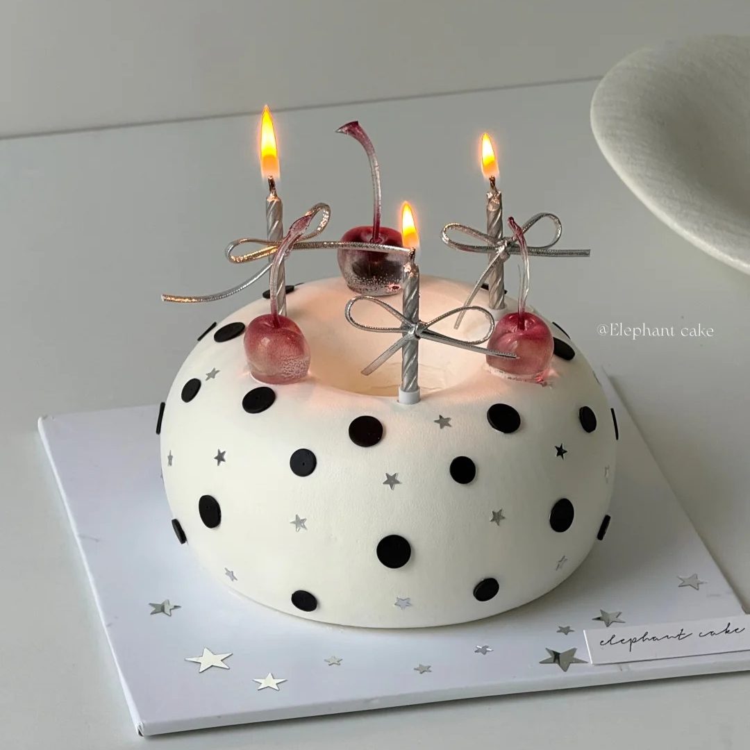 韩式波点生日蛋糕装饰银色皮质蝴蝶结樱桃五角星蜡烛甜品插件装扮
