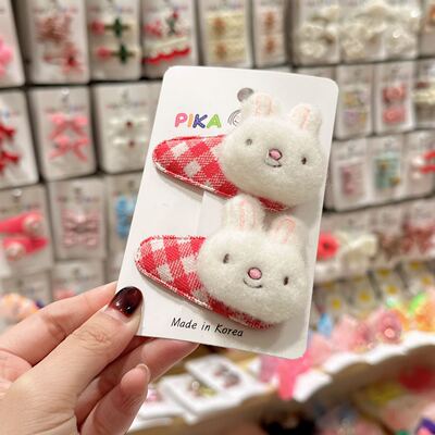 10.16韩国pikaboo儿童发饰新款毛绒小兔子格子发夹女童宝宝刘海夹