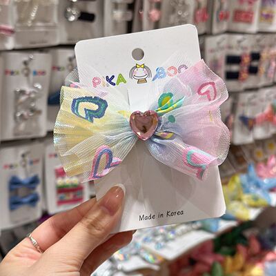 7.21韩国代购pikaboo儿童发饰彩色网纱爱心蝴蝶结发夹边夹