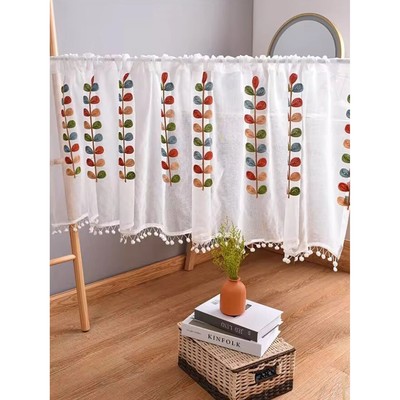 Four color branch Embroidered Semi Sheer Curtain Kitchen Tie
