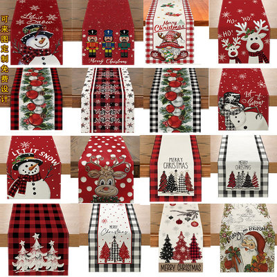 Christmas Linen Table Runner Santa Printed Tablecloth Kitche