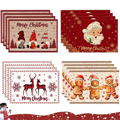 1/4pcs Linen Christmas Placemats Santa Claus Printed Christm