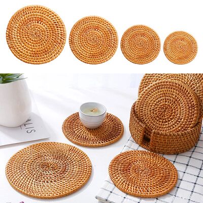8-16cm Round Natural Rattan Cup Mat Coasters Hand Woven Hot