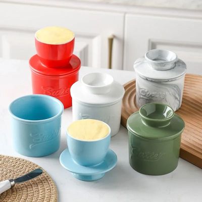 Multi Color Butter Crock with Lid Modern Round Ceramic Butte