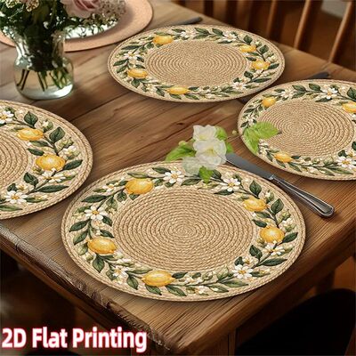 4-Piece 2D Printed Placemats - Imitation Rattan Lemon Flower