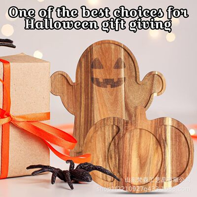 Halloween Ghost Pumpkin Wooden Dinner Plate Acacia Wood Chop