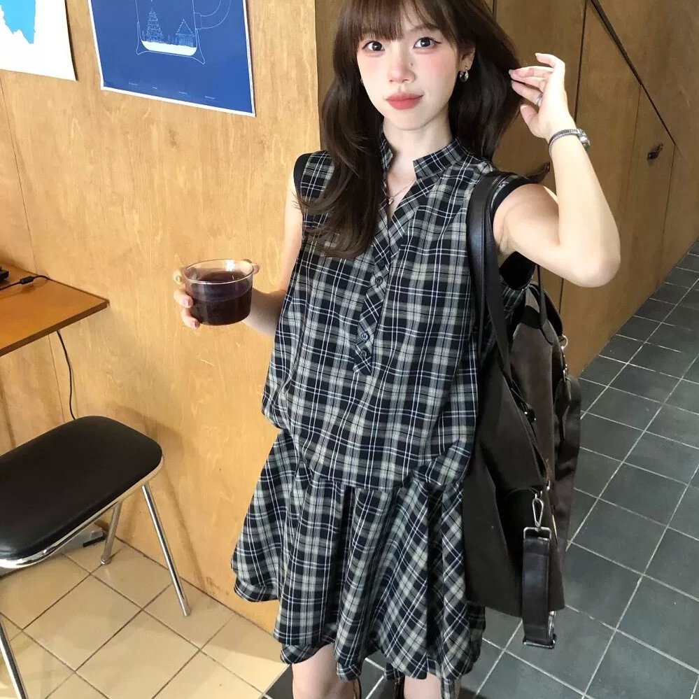 原版面料 2026夏季新款复古格纹连衣裙女独特漂亮宽松气质短裙