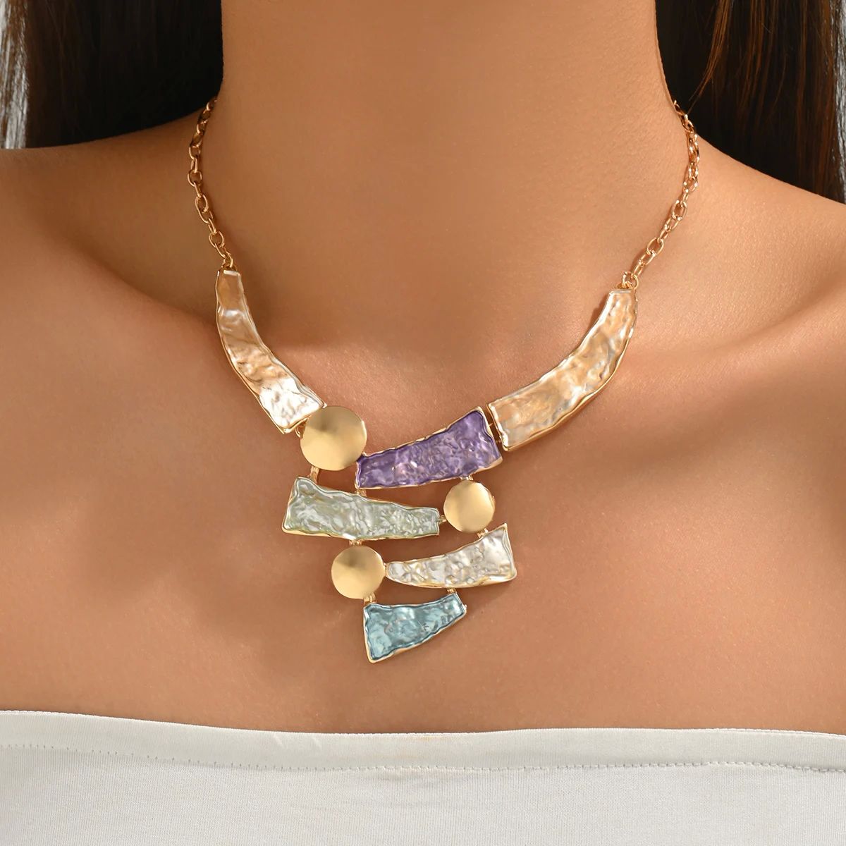 Boho Colorful Enamel Geometric Bib Necklace Hammered Stateme