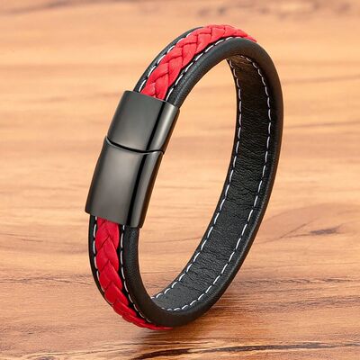 Black & Red Braided Rope Leather Bracelet Men Stainless Stee