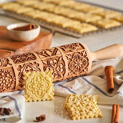 Wooden Rolling Pin for Christmas, 3D DIY Engraved Embossing