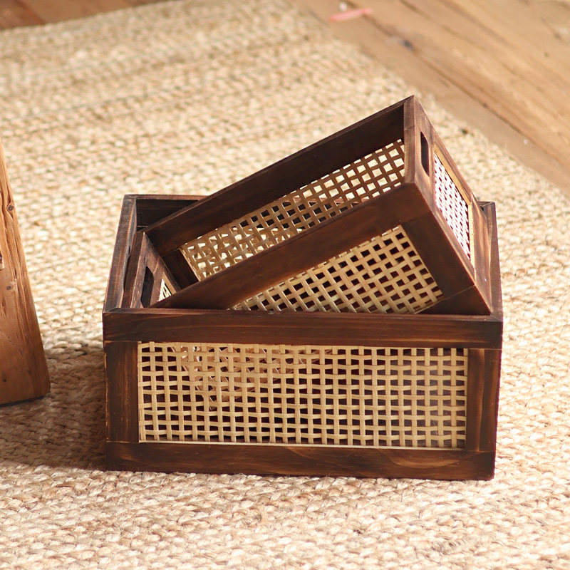 复古藤编收纳筐客厅茶几桌面木质竹编收纳篮玩具零食储物篮中古风