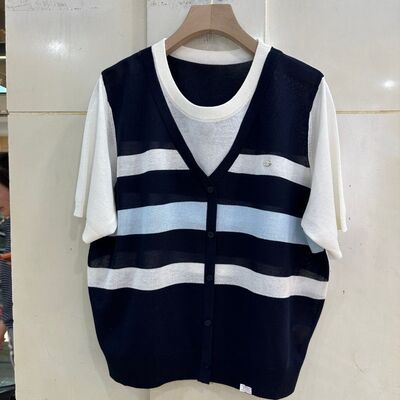 小艺欧货女装2026春夏款条纹拼色假两件宽松显瘦短袖针织衫72375H