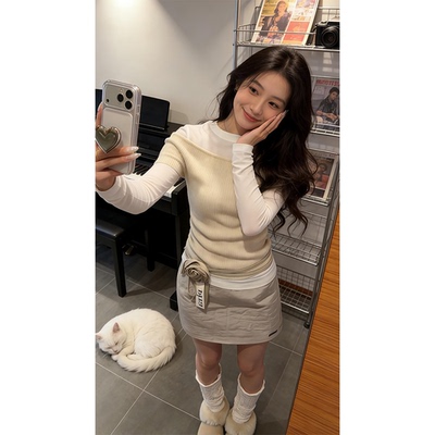parkyeon韩系高级感针织毛衣叠穿长袖打底衫高腰A字半身裙套装