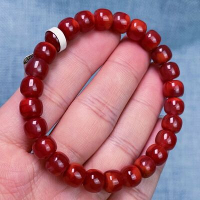 759C31凉山瓦西料南红牛血双色锦红老型单圈手串
