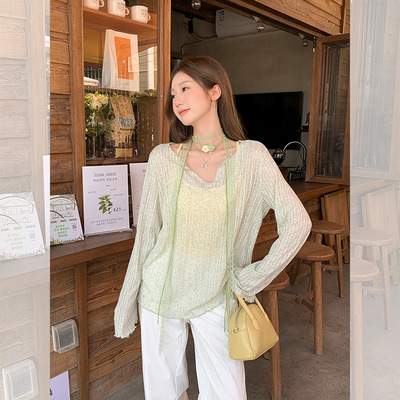 夏季新款微透木耳边防晒罩衫女外穿长袖宽松慵懒感T恤甜辣妹上衣
