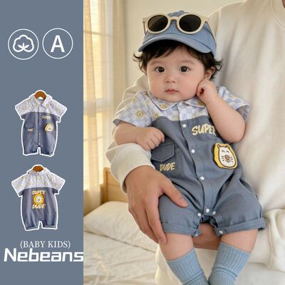 男宝衣潮款连身爬服牛仔哈衣夏天