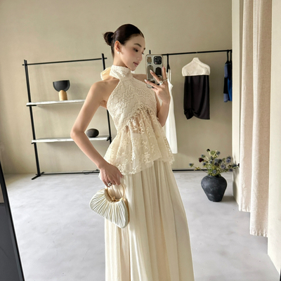 AIALA LUMENA-夏上新奶杏蕾丝钩花东方柔韵挂脖背心(不含半S20833