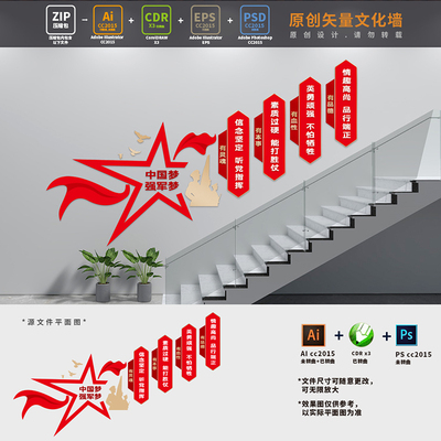 四有军人部队标语文化墙活动室党建楼梯楼道背景AI+CDR+PSD设计稿
