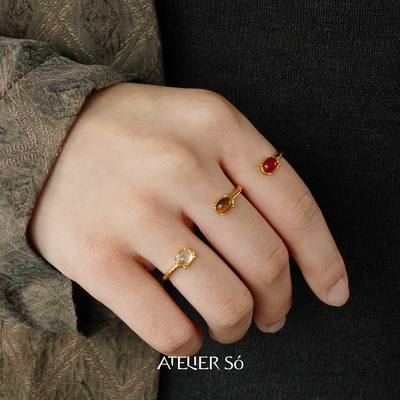 ATELIERSO倪索 天然石开口戒指 纯银白水晶虎眼石原创设计师 默叙