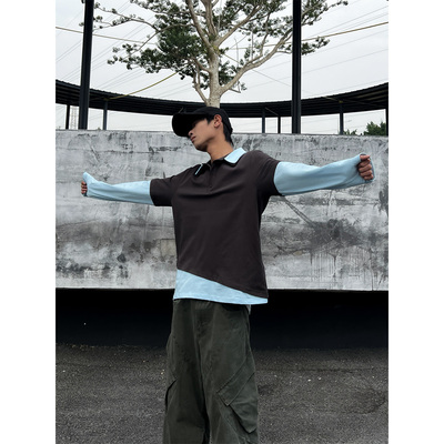 复古撞色假两件拼接长袖T恤男潮