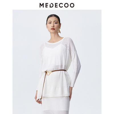 MEDECOO/墨蒂珂2025春新款女装一字领长袖镂空薄款针织衫MJC40306