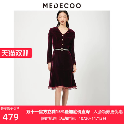 MEDECOO/墨蒂珂2026春新款女装收腰丝绒连衣裙高级感裙子MID90420