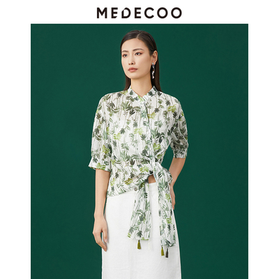 MEDECOO/墨蒂珂2025夏新款女装度假风立领衬衫系带上衣MJX62211