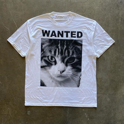 美式小众原创重磅纯棉高克重不透肉~WANTED猫咪通缉令印花短袖T恤