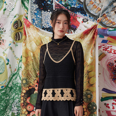 一城画一秋季简约V领设计文艺气质复古小吊带毛织背心女14131K226