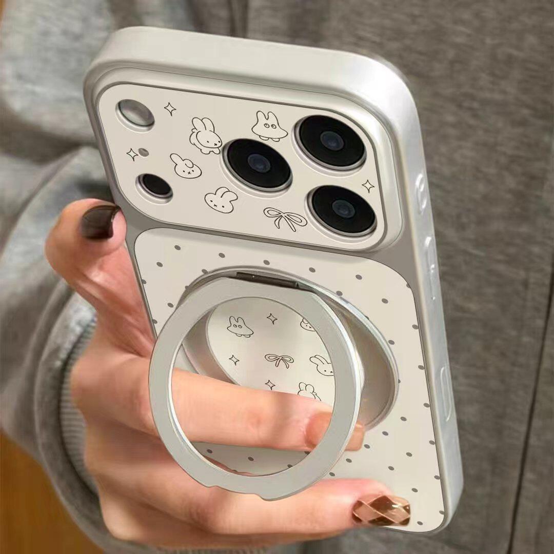 波点兔子旋转支架适用苹果17ProMax电镀康宁手机壳iPhone16个性15pro小众创意14/13pro全包12pro防摔11女款套