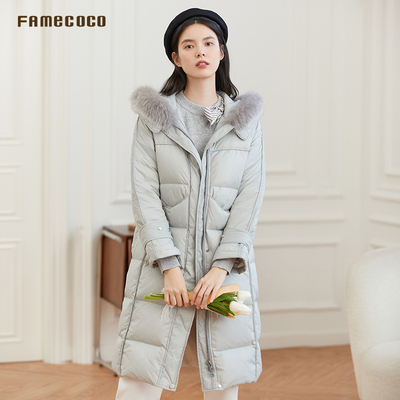 连帽大毛领中长款羽绒服宽松百搭