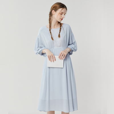 Famecoco折扣店文艺气质刺绣圆领七分袖连衣裙宽松长裙F223FA017