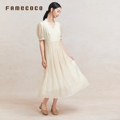 Famecoco折扣店优雅气质天丝茶歇长裙收腰显瘦V领连衣裙FAC3FA039