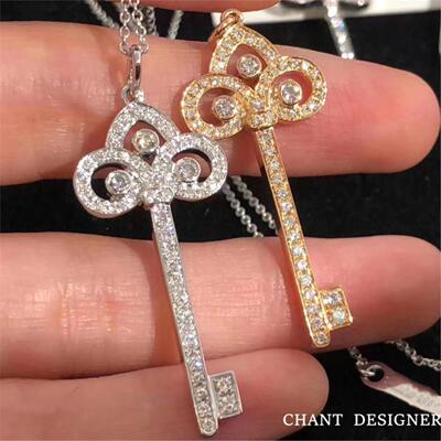 纯银镀玫瑰金心冠鸢尾花钥匙项链女高级感镶钻时尚燕尾花毛衣链潮