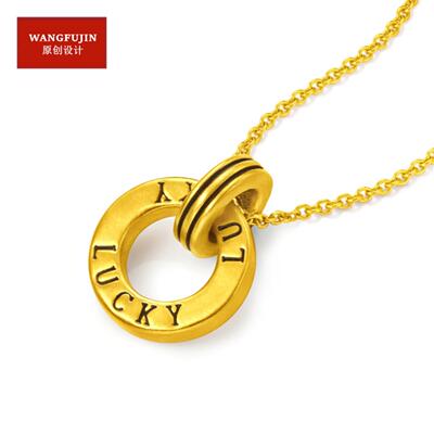纯银镀黄金色LUCKY双环项链轻奢复古幸运圆环圆圈锁骨链情侣款潮