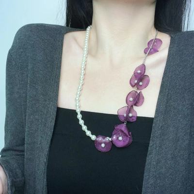 优雅淑女网纱花朵珍珠链条拼接项链甜美气质奶油甜妹潮流锁骨链女