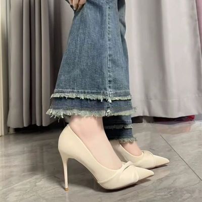 2024年新款法式仙女风高跟鞋女米白色百搭蝴蝶结尖头浅口细跟单鞋