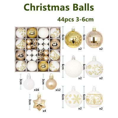 44Pcs Christmas Tree Baubles 3-6cm Plastic Shatterproof Hang