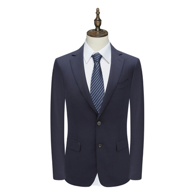 羊毛桑蚕丝混纺两粒扣深蓝色西服
