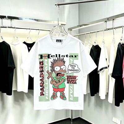Hell地狱之星美潮高街烫钻纯棉宽松短袖卡通字母印花男女百搭T恤
