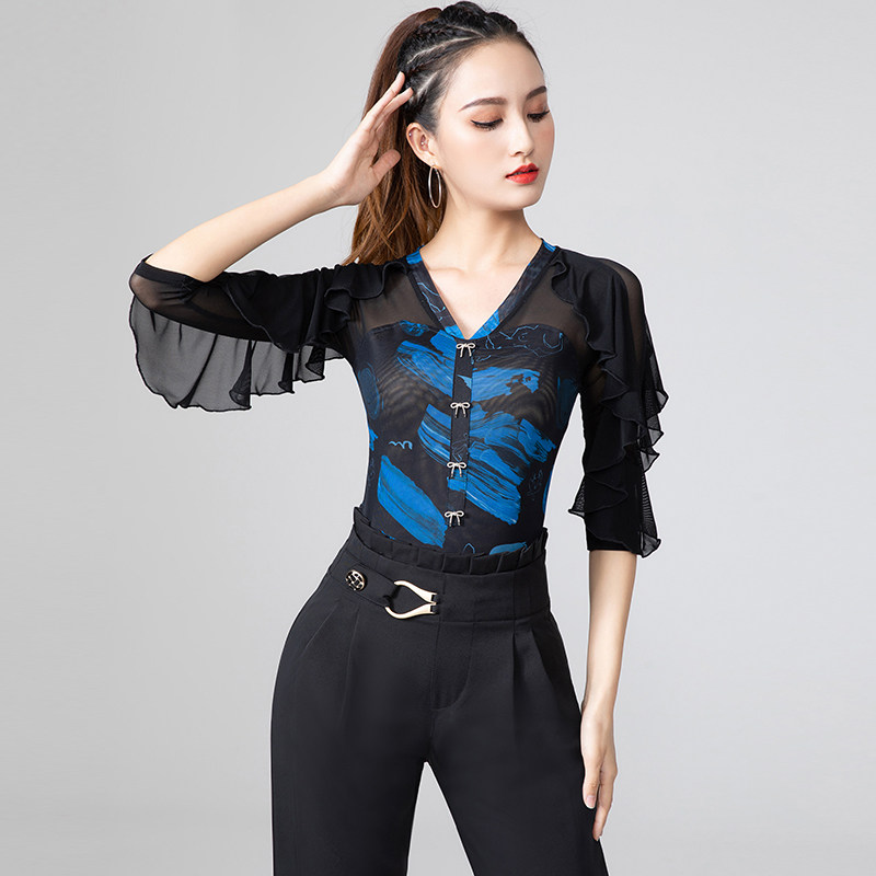 妹姿彩国标摩登舞上衣女2026新款拉丁舞华尔兹练功中袖跳舞蹈服装