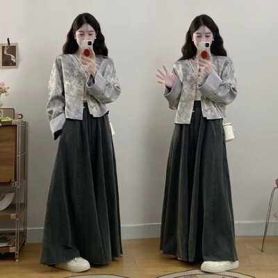 大码套装女春季高级感新中式国风盘扣短外套阔腿裤裙两件套A5803