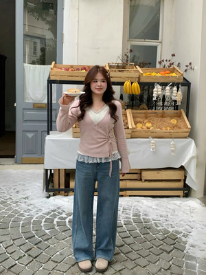 里恩家66590#假两件蕾丝拼接上衣 粉  咖  紫  蓝  黄 1 2码